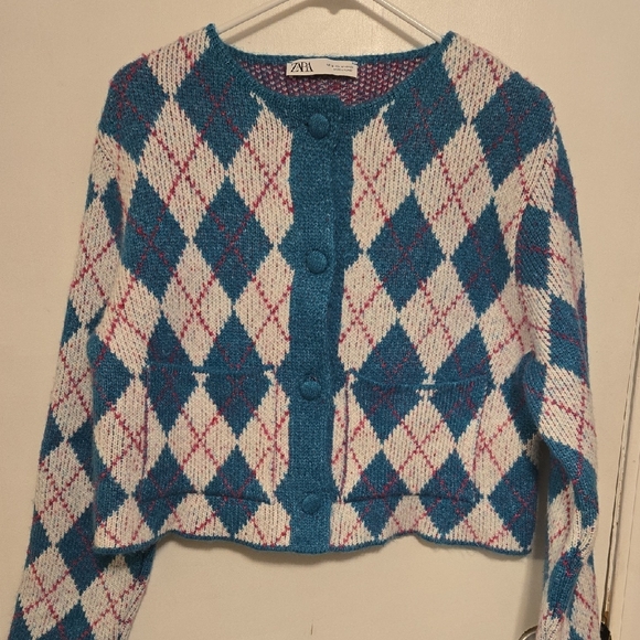 Zara | Sweaters | Zara Teal And White Argyle Button Up Cardigan Jacket ...